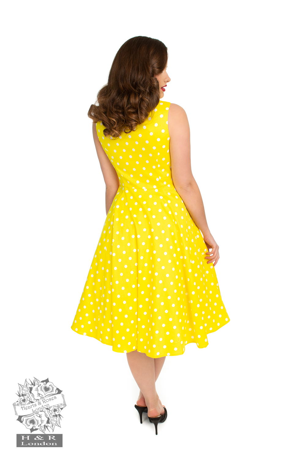 Cindy Polka Dot Swing Dress In Yellow Hearts And Roses London